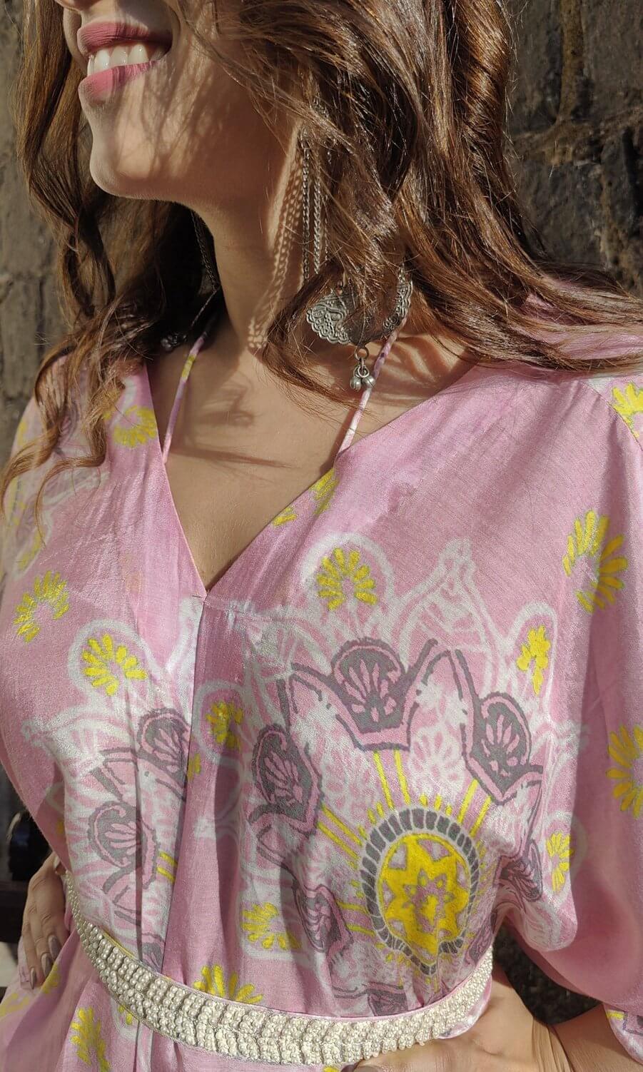 Pink Motif Dress With Neck Strings – Label DC