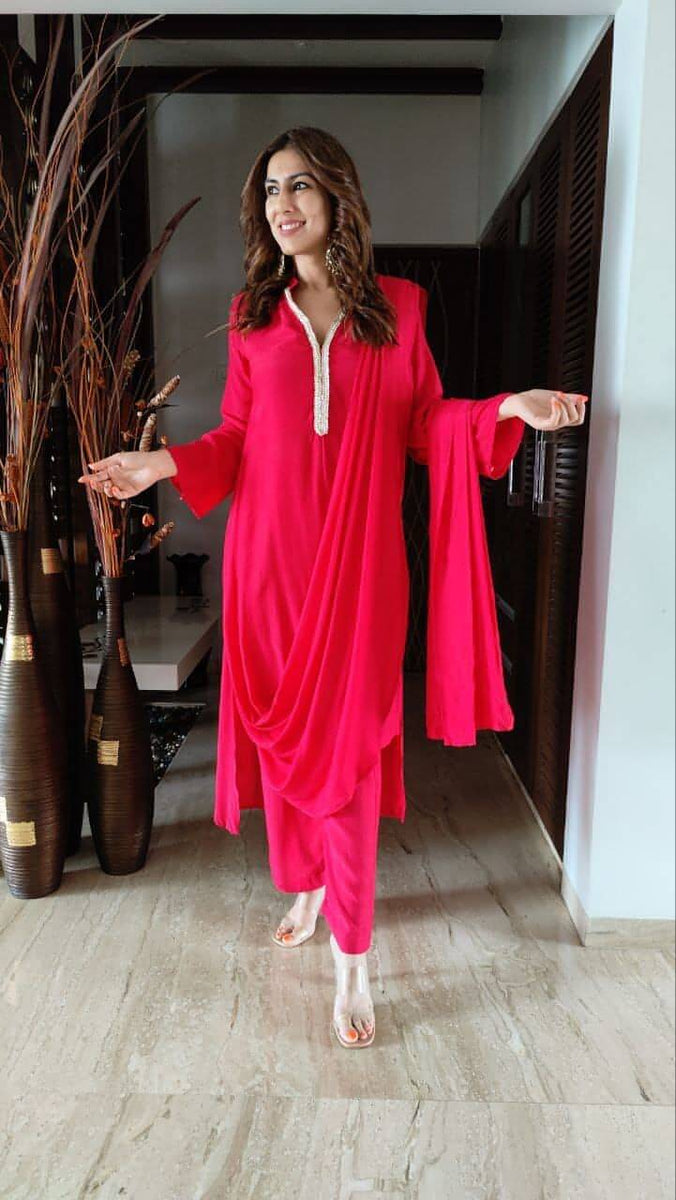 Red Drape Sari Kurta with Pant – Label DC
