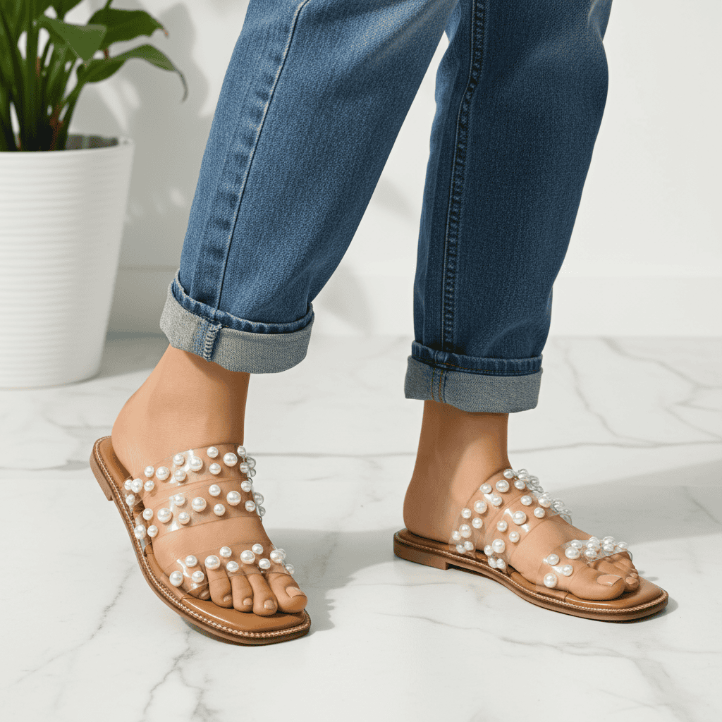 Tan Festive Pearl Flat Sandals – Label DC